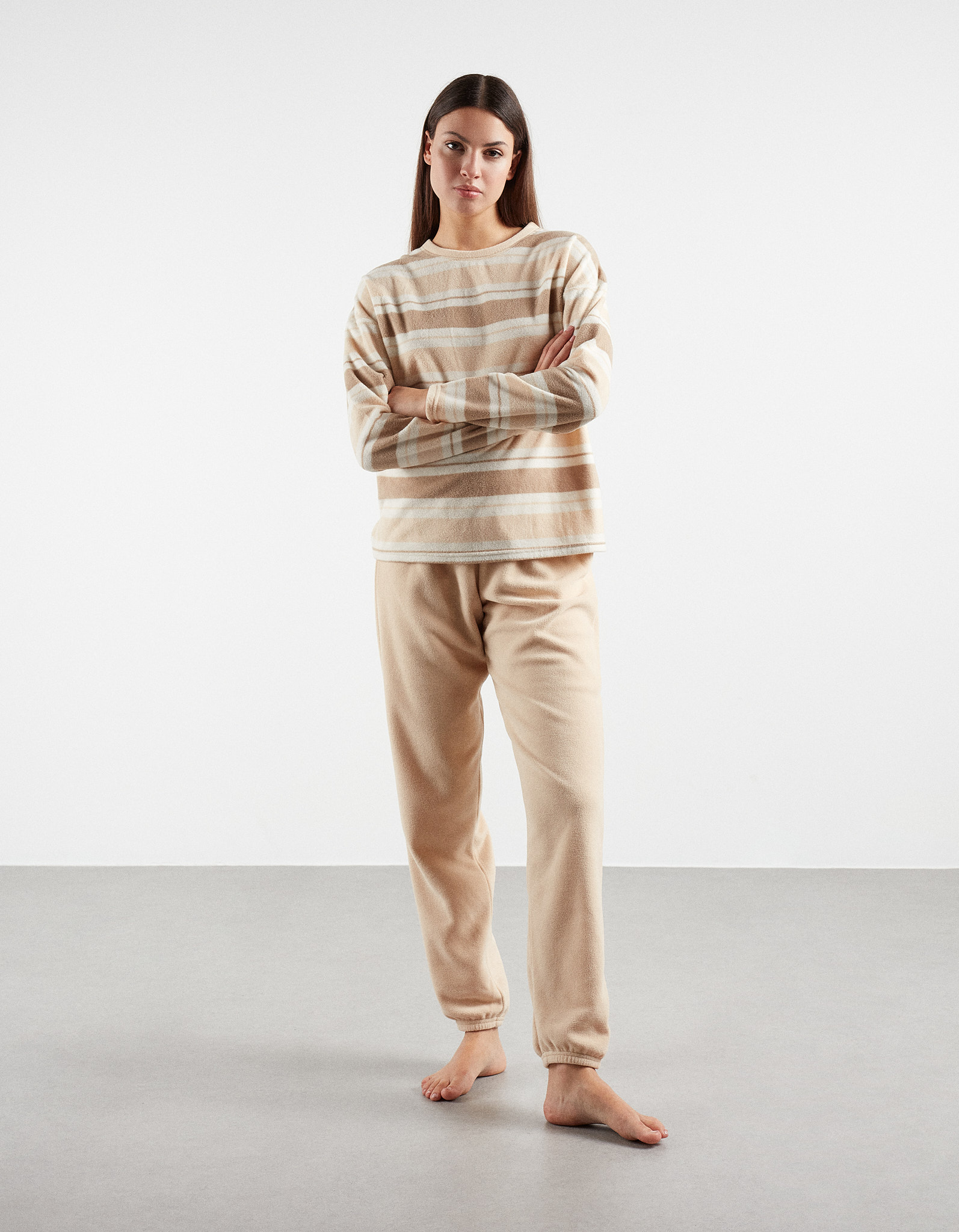 Striped Polar Pajamas, Women, Beige | MO Fashion