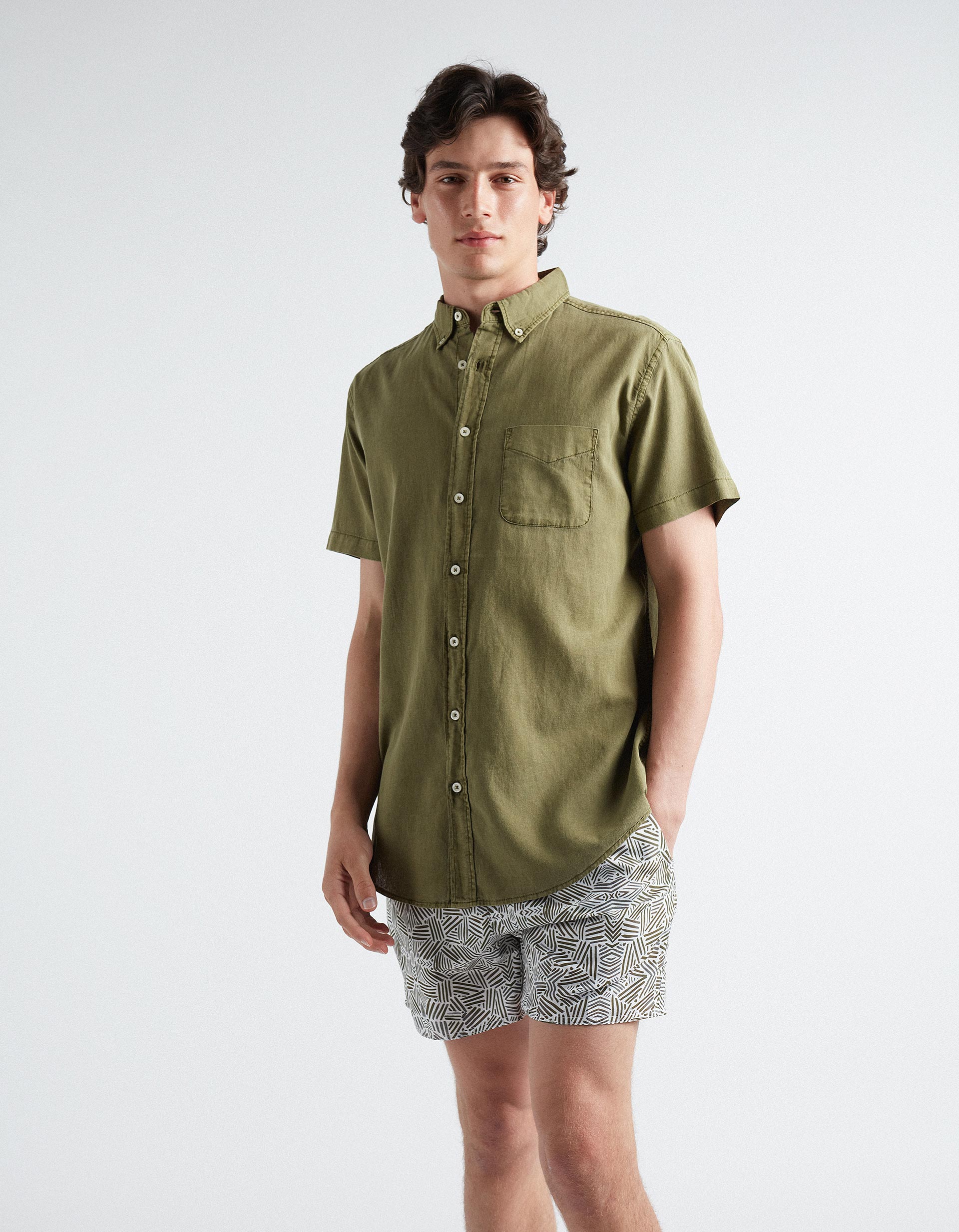 Camisa Mistura de Linho, Homem, Verde Escuro | MO Online