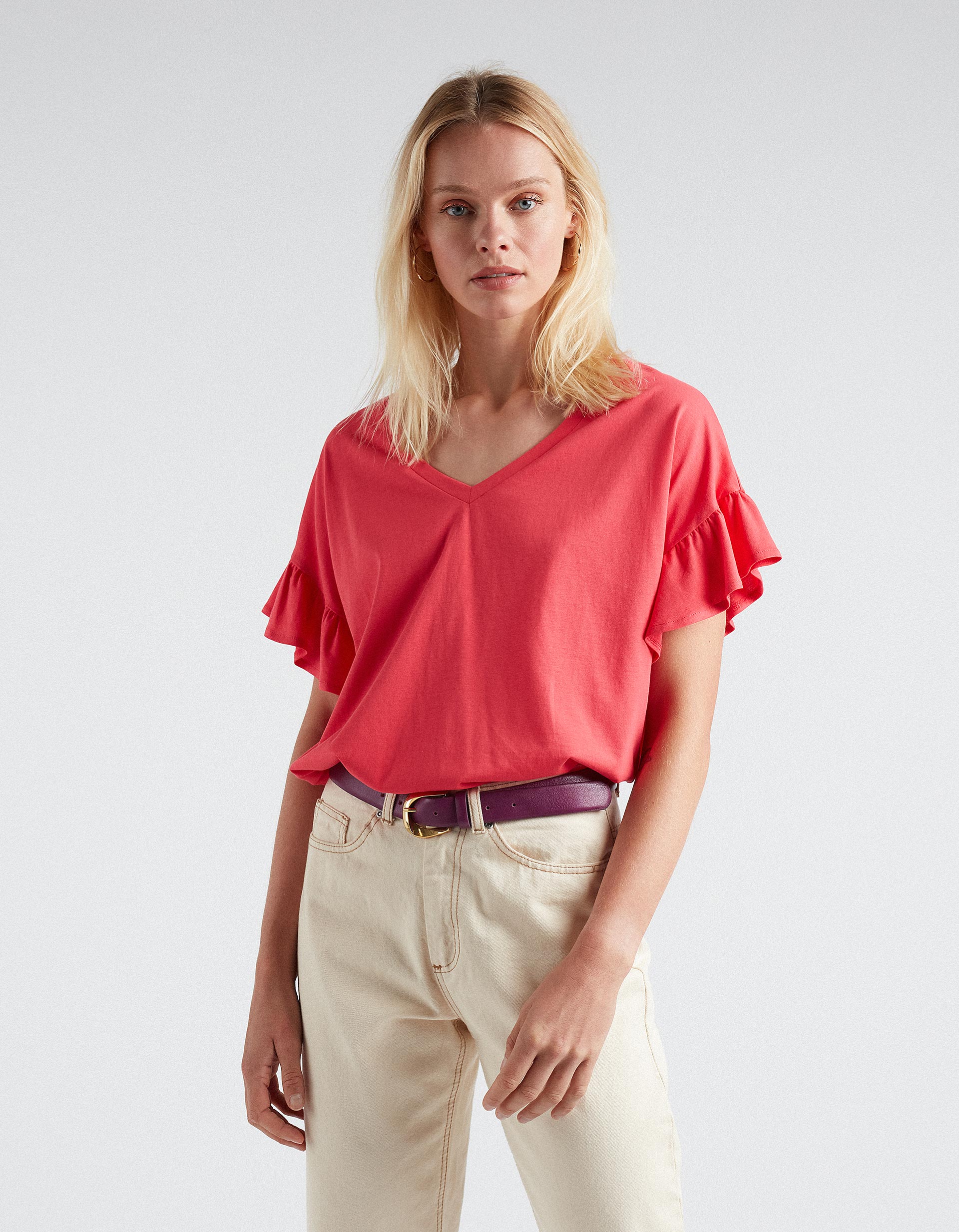 T-shirt Folhos, Mulher, Rosa Escuro | MO Online