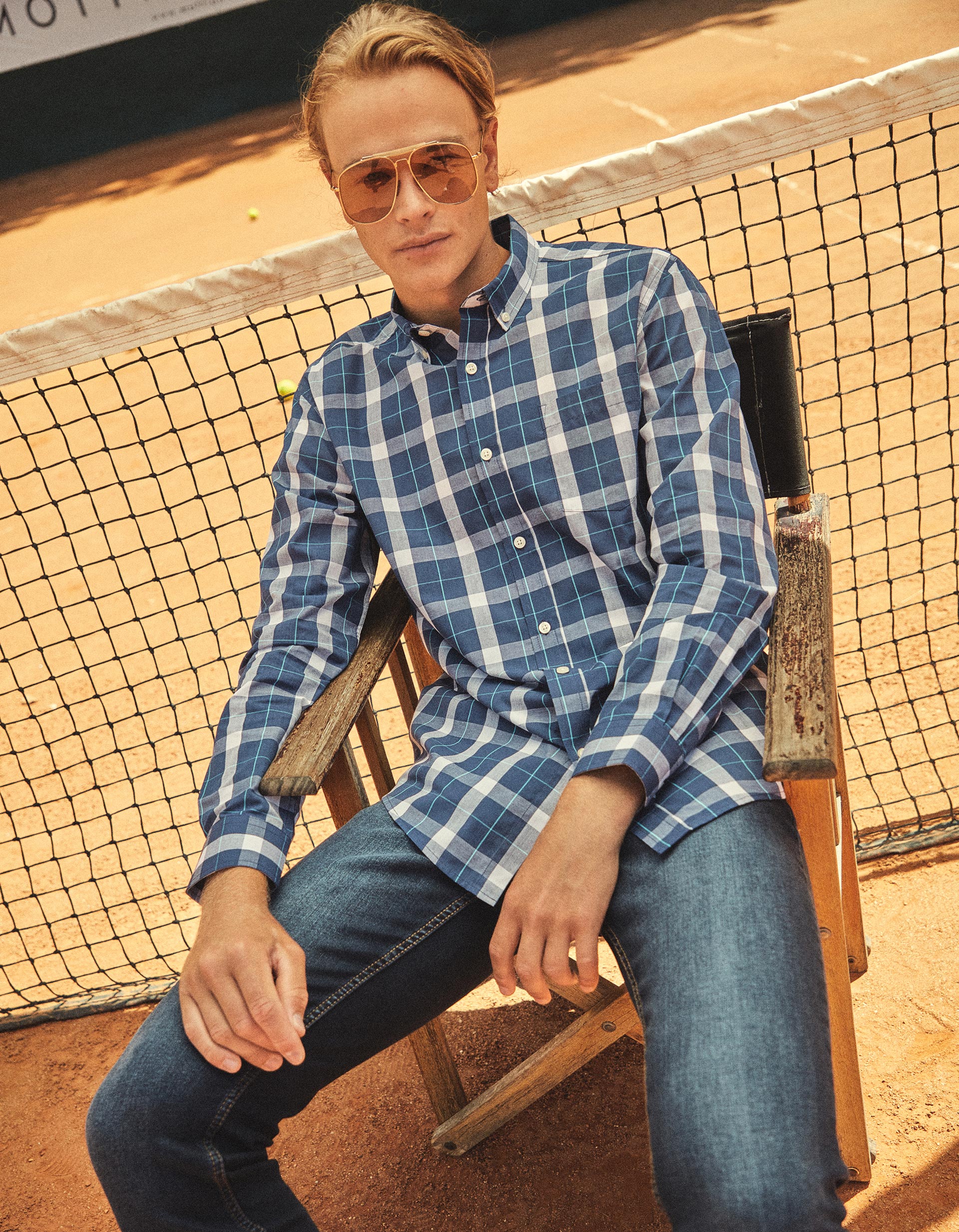 Checkered Long Sleeve Shirt, Men, Dark Blue | MO Fashion